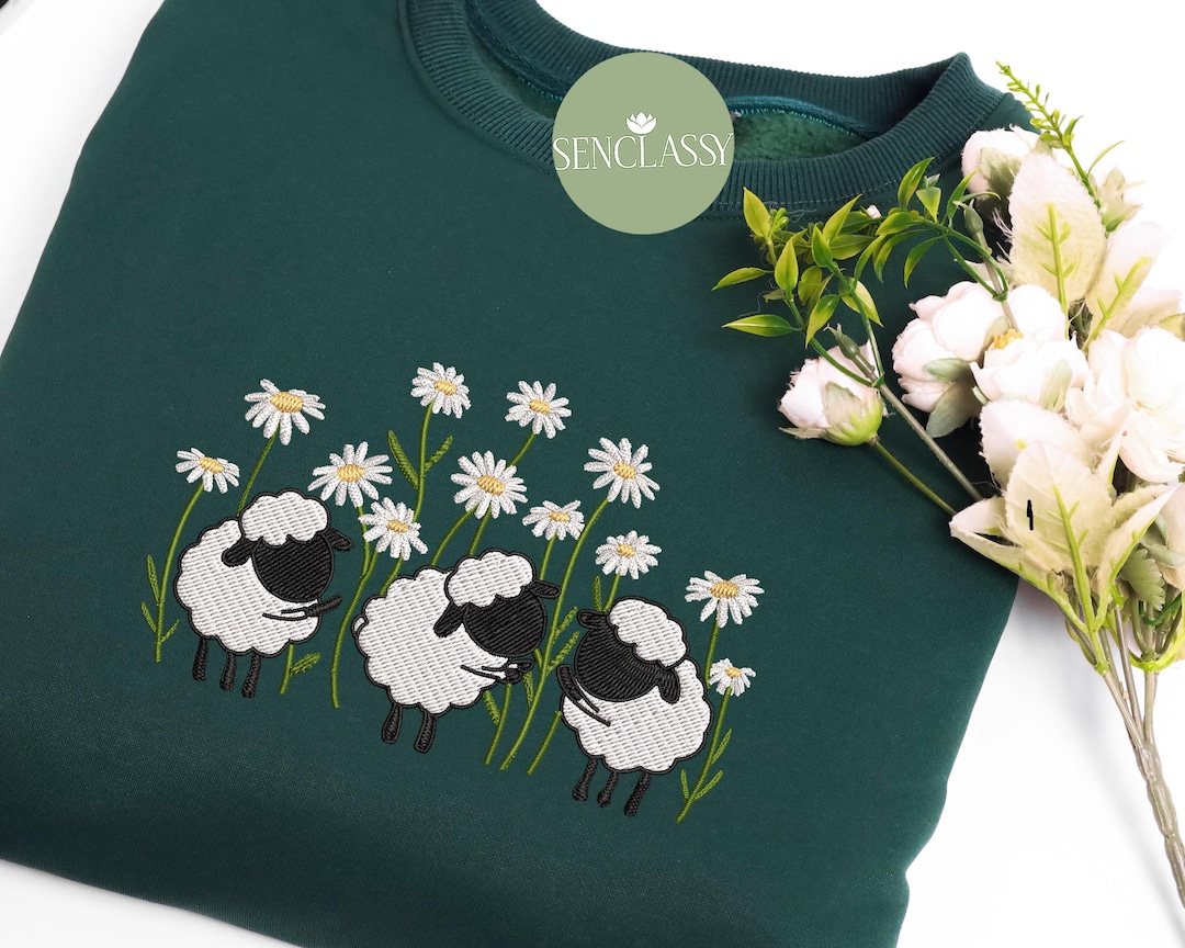 Embroidered Sheep With Daisy Sweatshirt, Sheep Sweater, Animal Lover ...