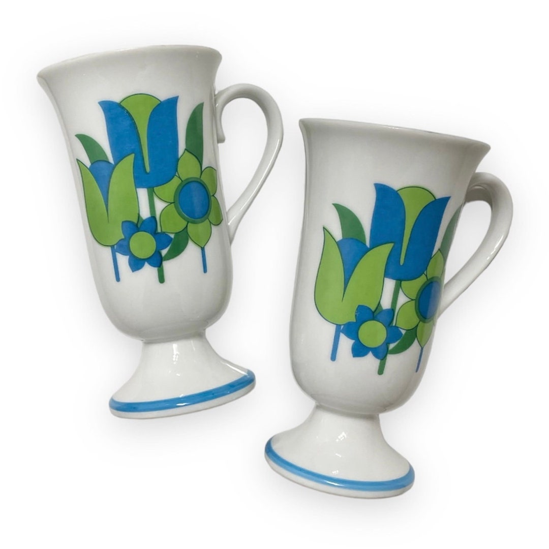 Vintage Retro Mod Flower Power Blue Green Daisy Tulip Tea Cup Set of 2 ...