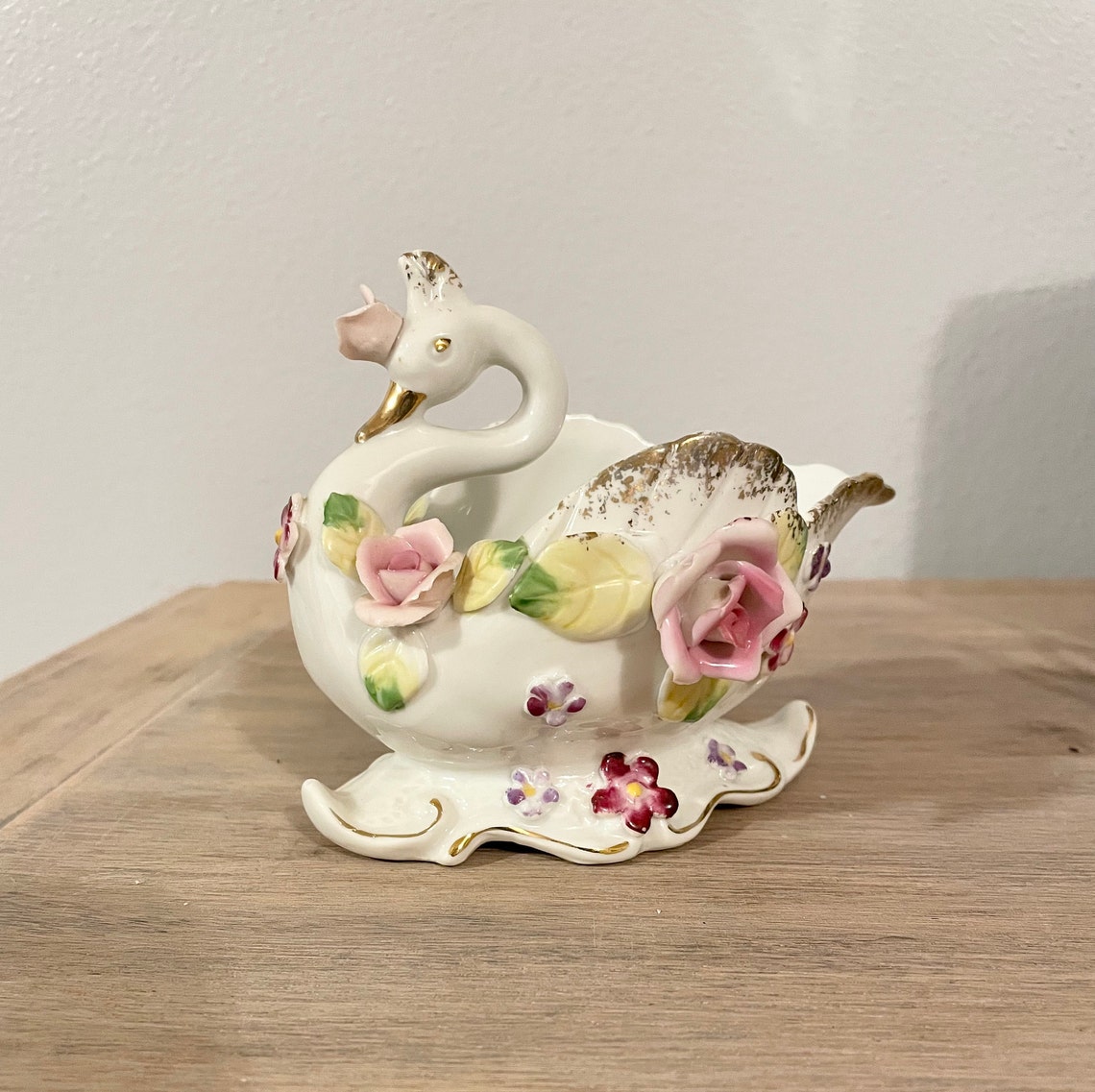 Vintage Beautiful Porcelain Swan Planter With Pink Roses and Gold Trim ...