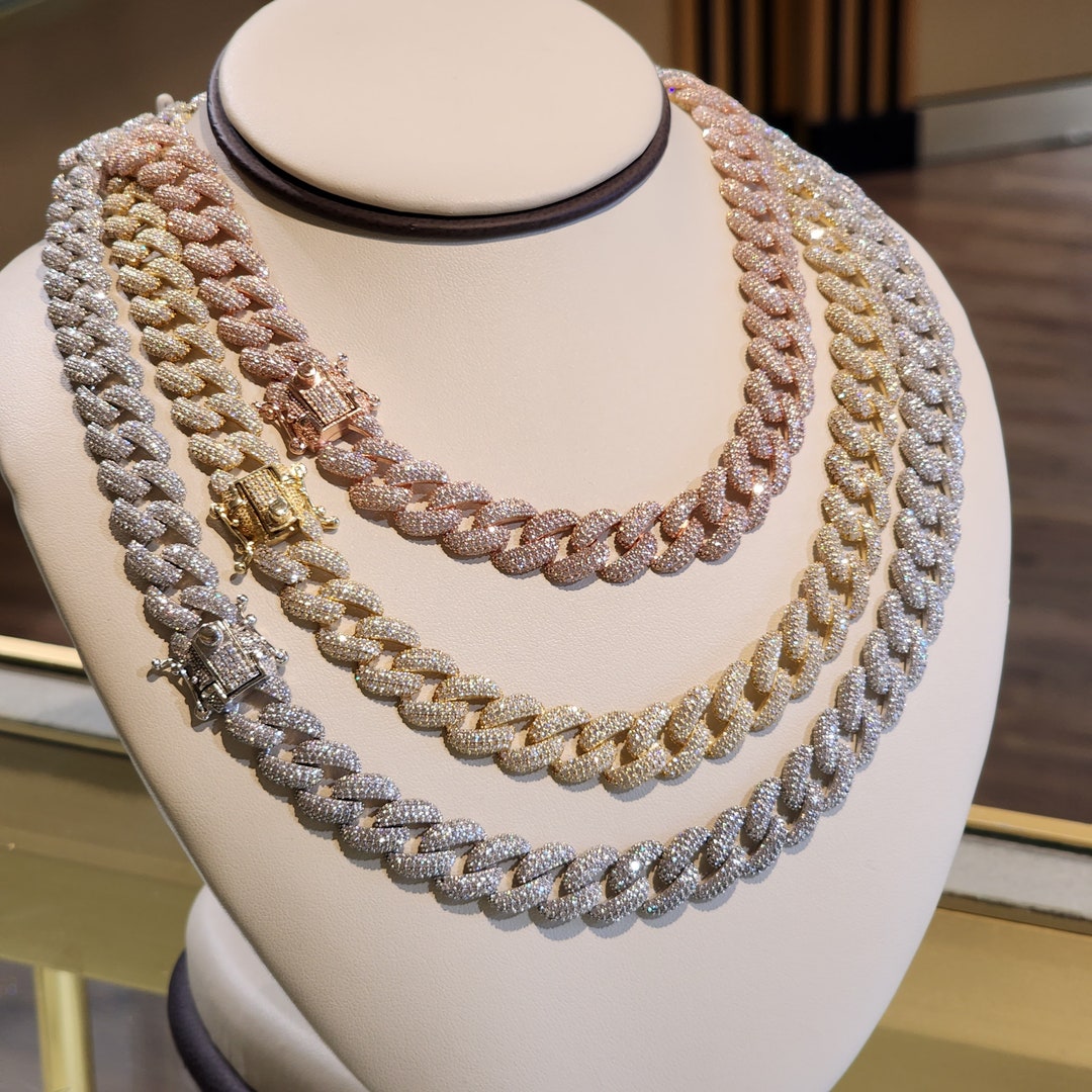 Iced Out Miami Cuban Chain, Silver Zircon Pave Necklace, Hip Hoop ...