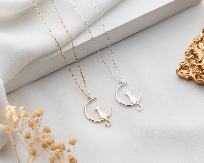 Moon and Cat Pendant, Silver Cat on the Moon Necklace, Cat Lover ...