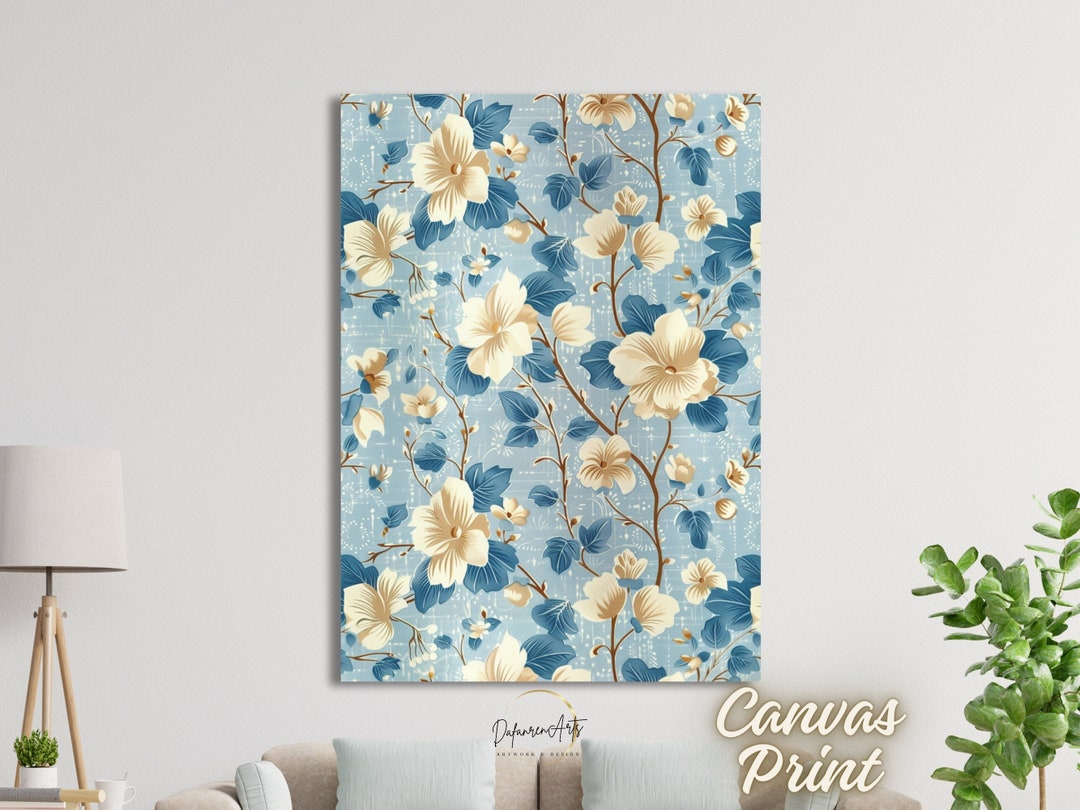 Beige White Flowers Blue Background Canvas Print Wall Art - Minimalist ...