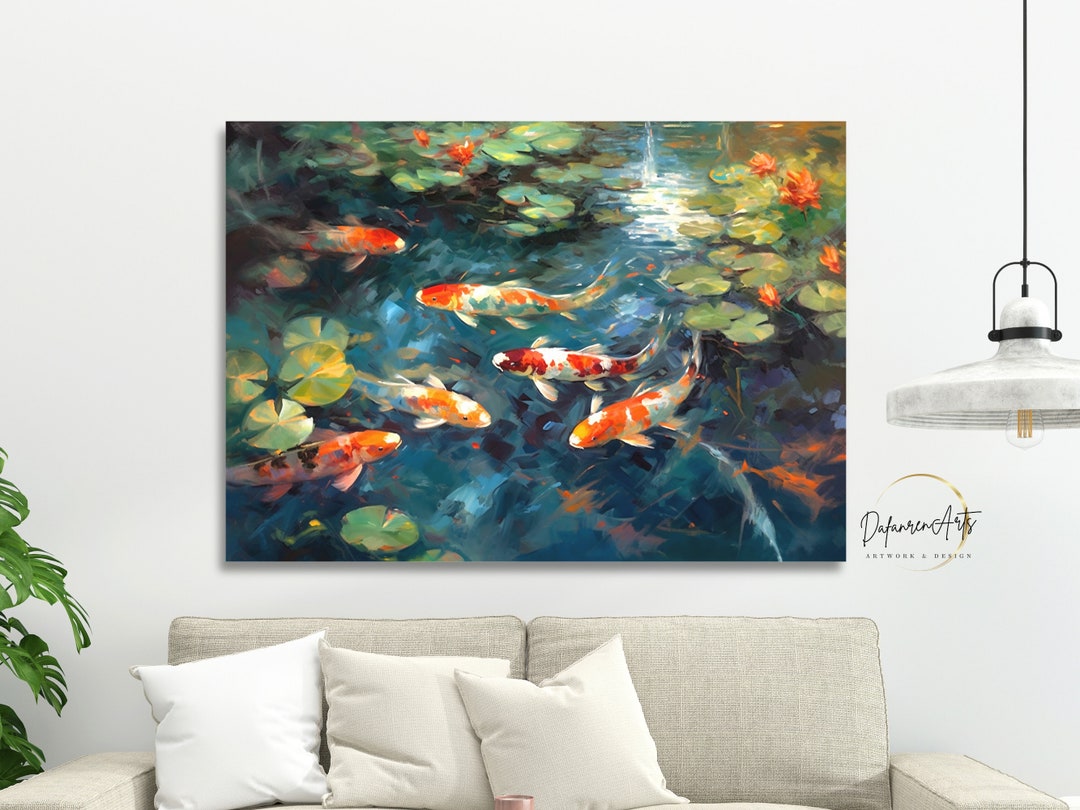 Koi Fish Pond Canvas Print Wall Art Impressionism Style Koi Fish Art ...