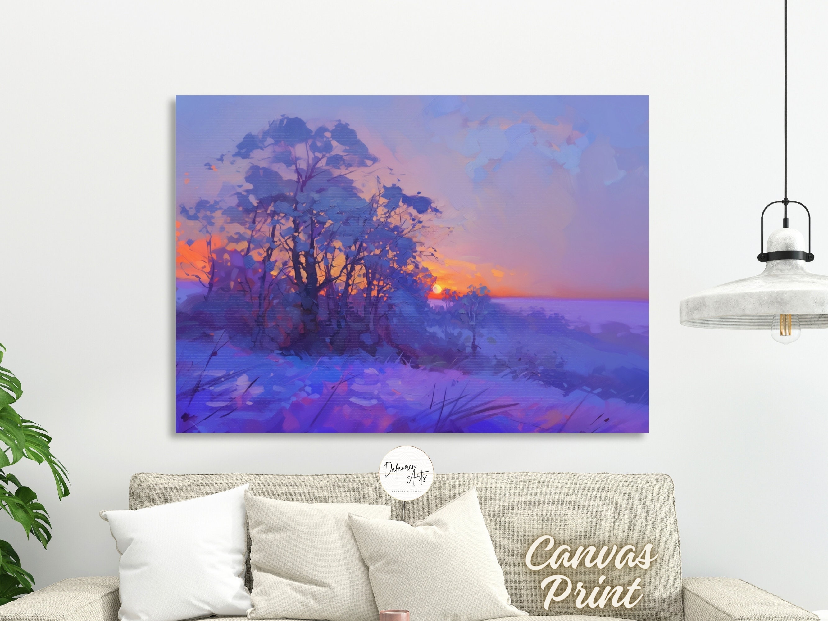 Grass Field Purple Sunset Canvas Print Wall Art - Impressionism ...
