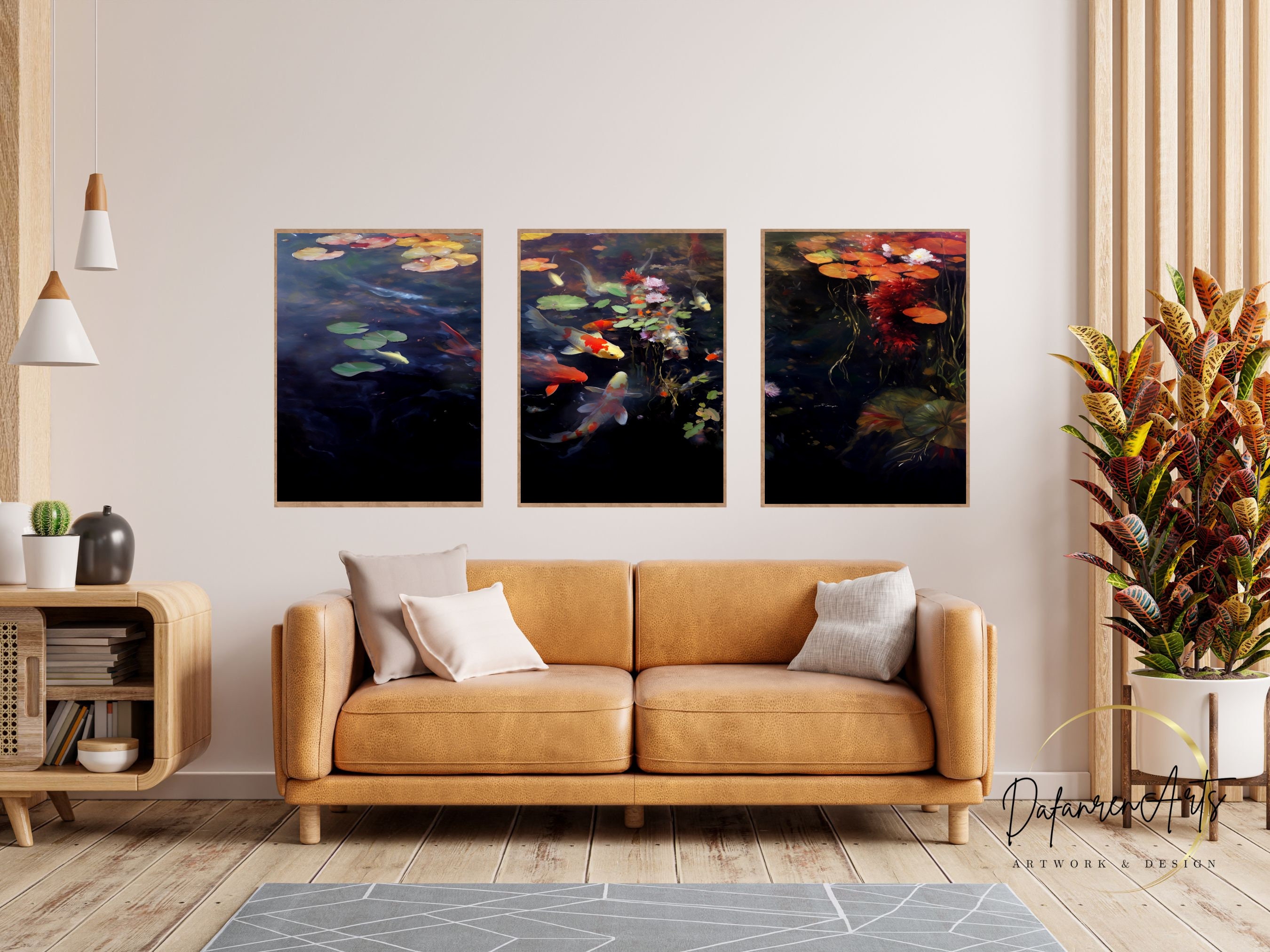 Koi Fish Pond Printable Wall Art for Living Room Set of Three Vertical ...