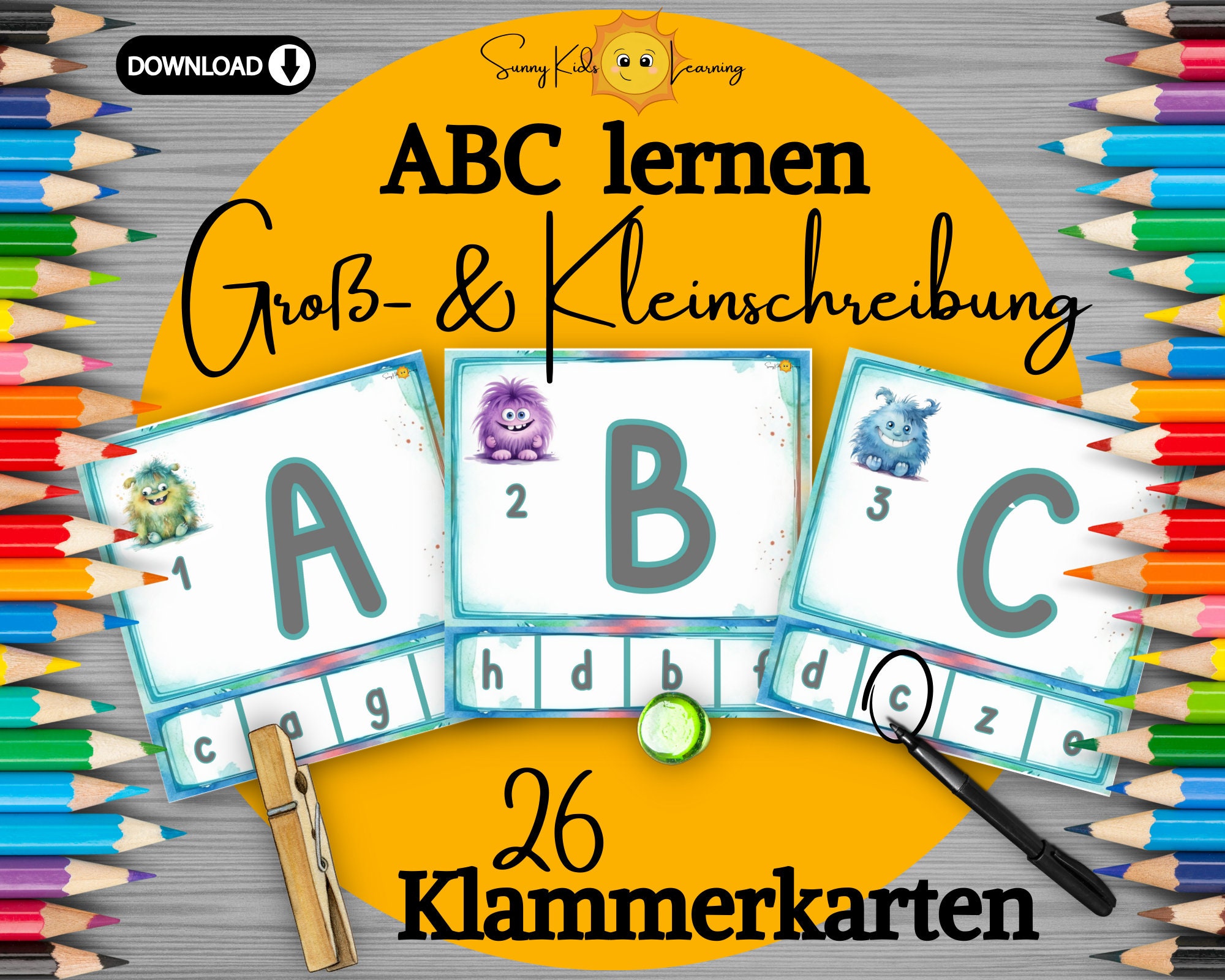 ABC Lernen Flashcards, Alphabet Lernen Klammerkarten Diy, Digitaler ...