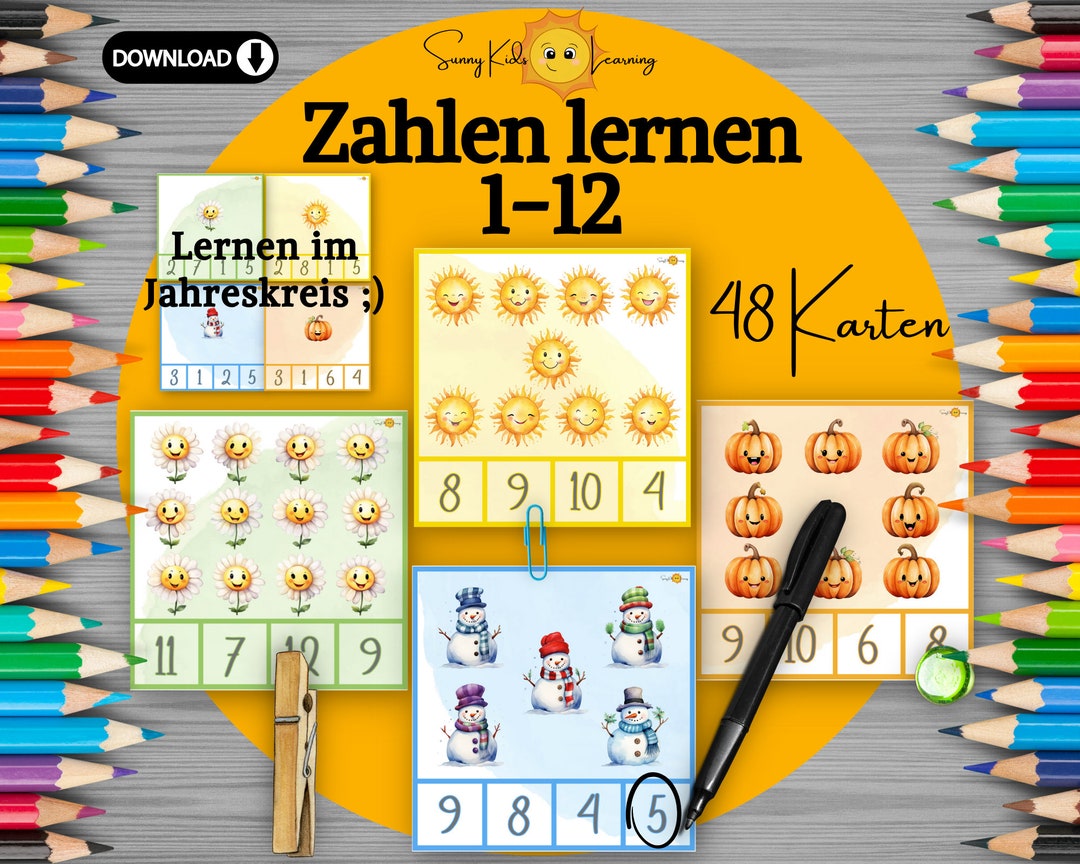 Zahlen Lernen 1 12, Klammerkarten Zählen Lernen, Zahlen Flashcards ...