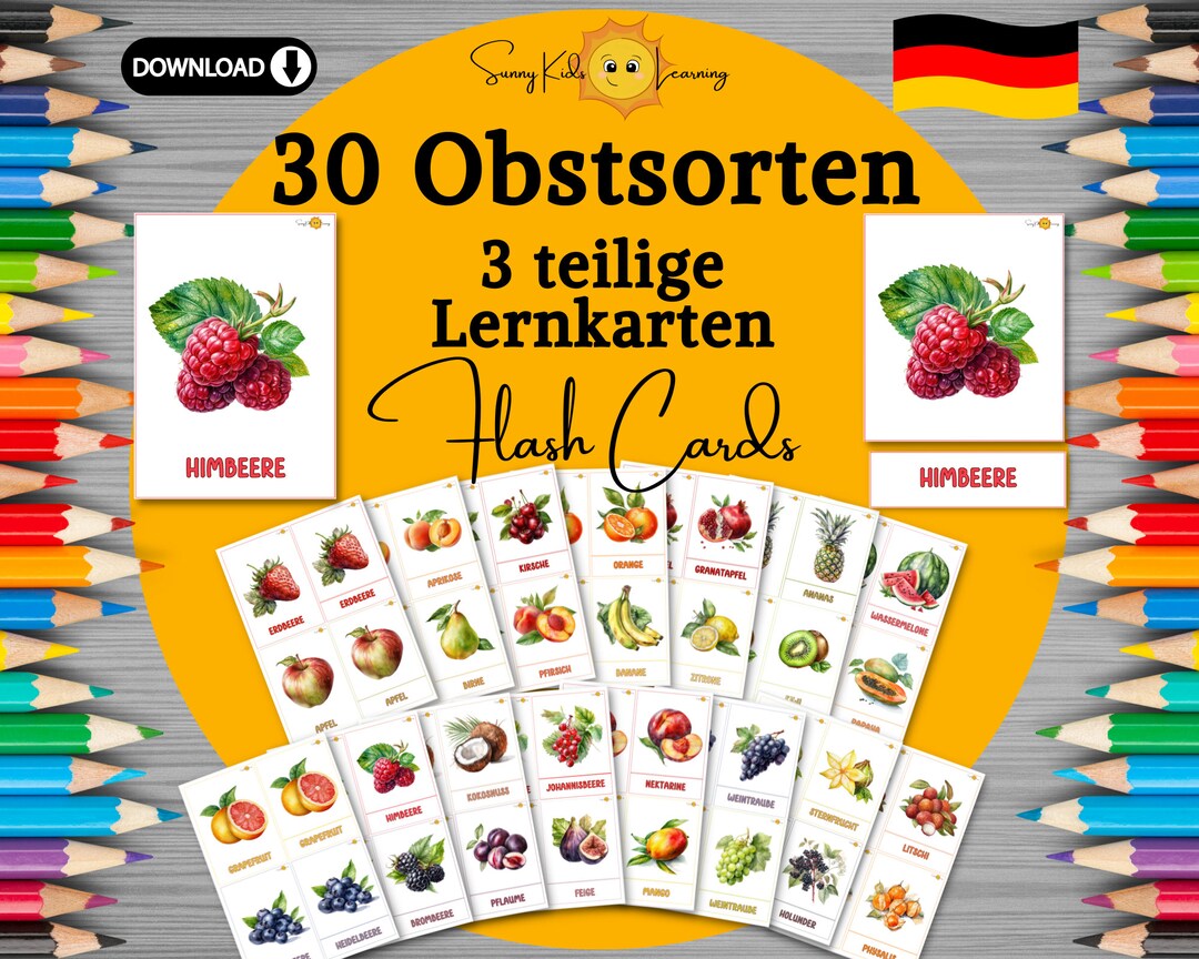 Obst Lernen Flashcards, 3teilige Obst-lernkarten Übungskarten Früchte ...