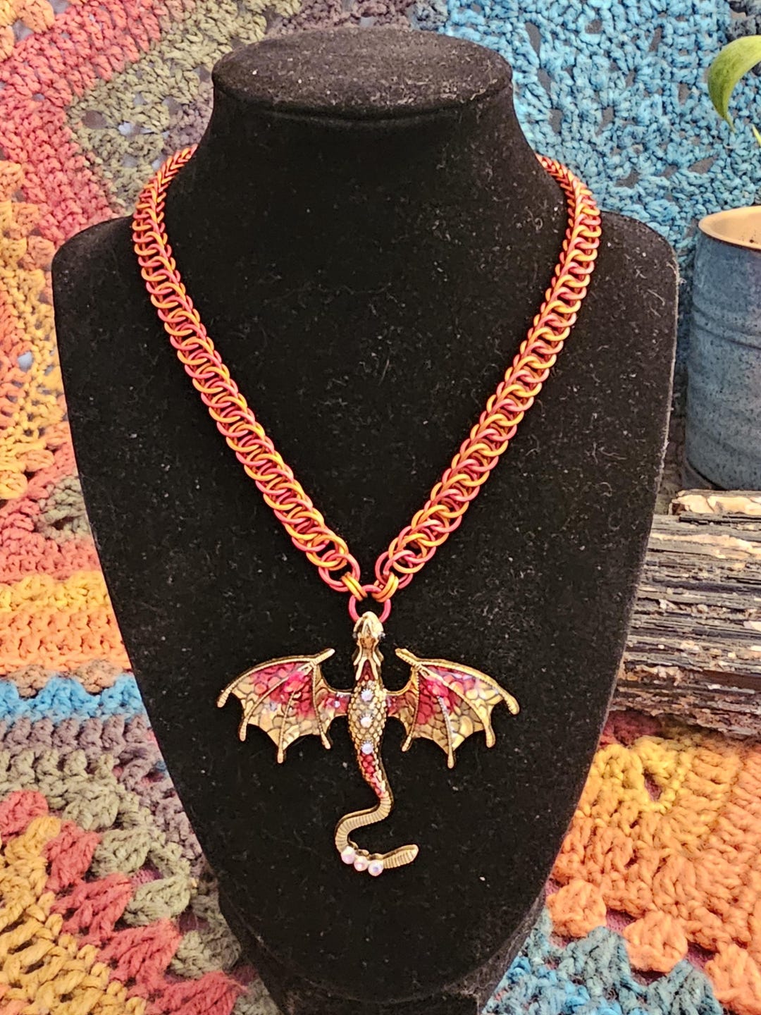 Fire Dragon Pendant on Chainmail Necklace - Etsy