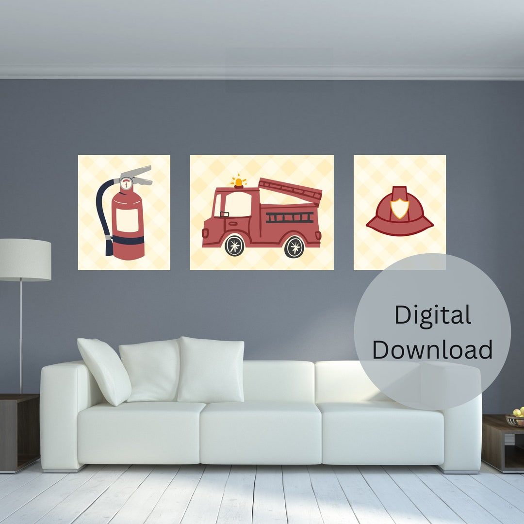 Nursery Fire Truck Themed Printable Wall Art Red and Yellow Nursery ...