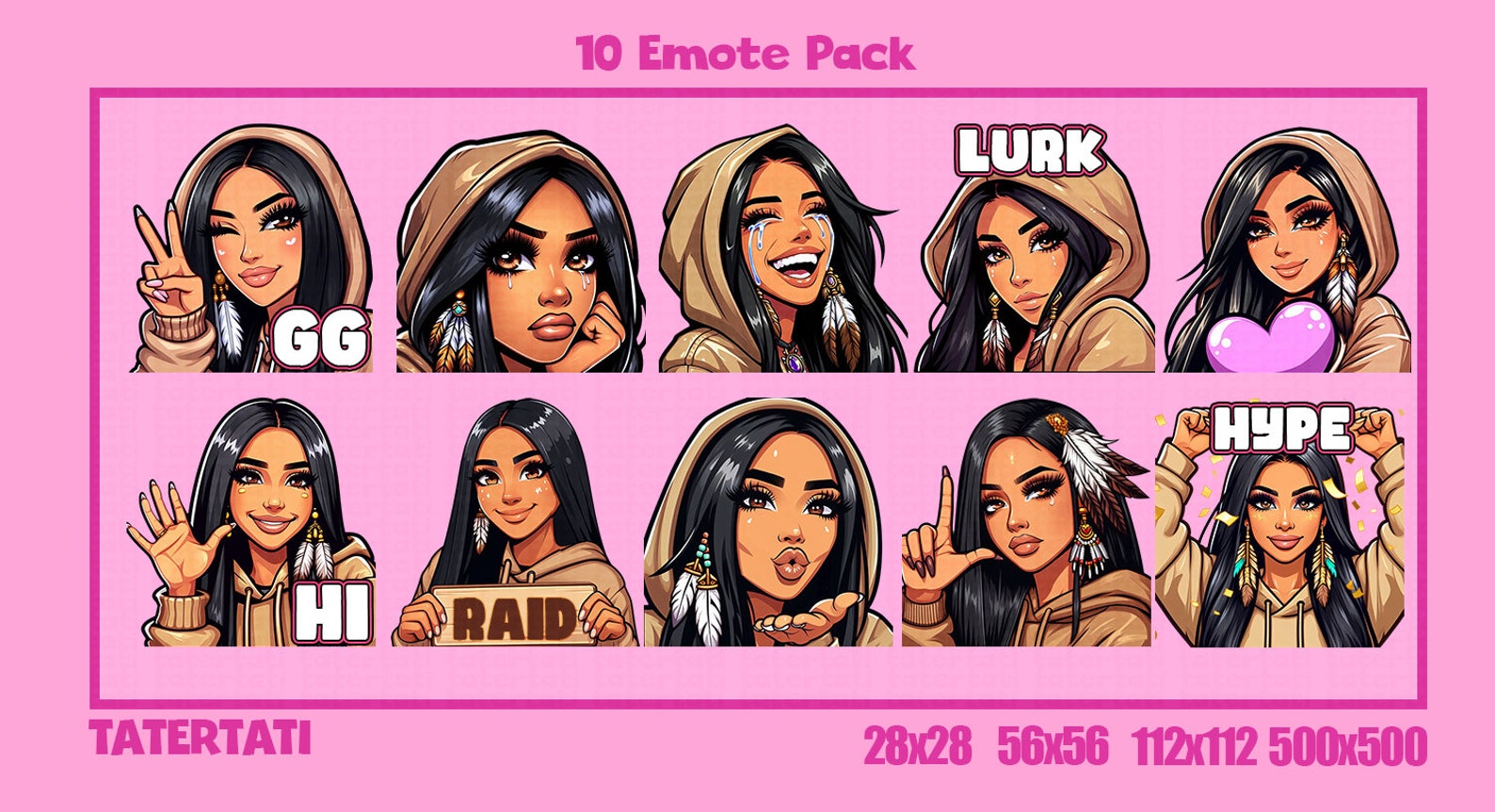 Twitch Emotes 10 Emote Pack Dark Hair Straight Hair Native Woman - Etsy
