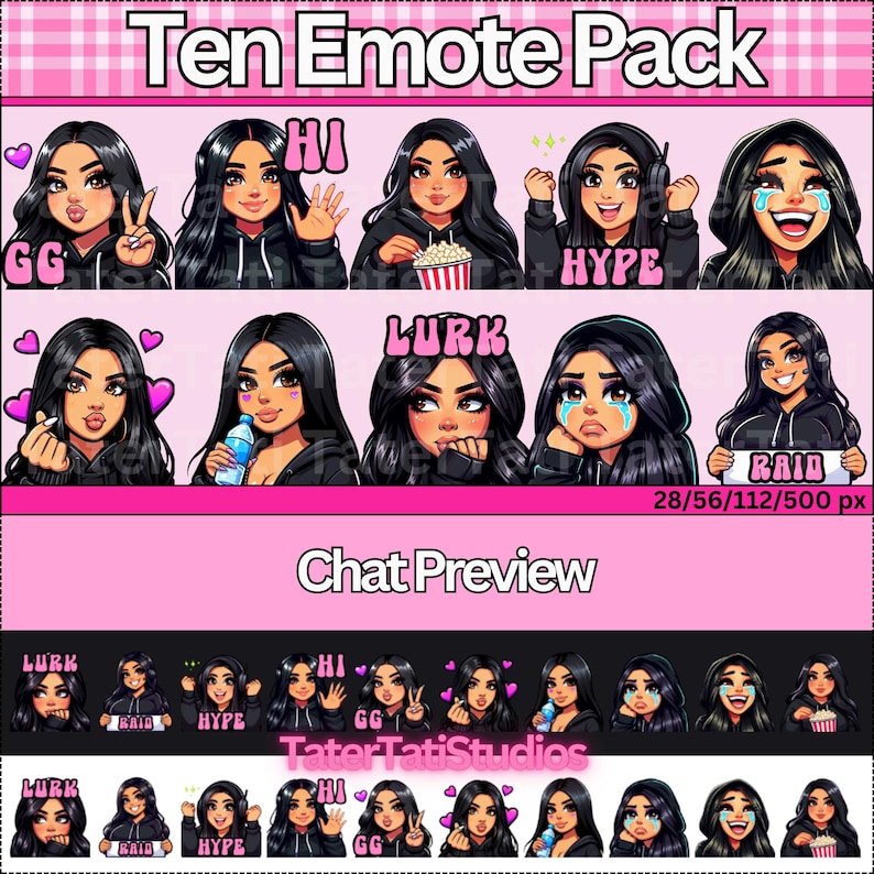 Twitch Emotes | 10 Emote Pack | Plus Size | Dark Hair | Straight Hair ...