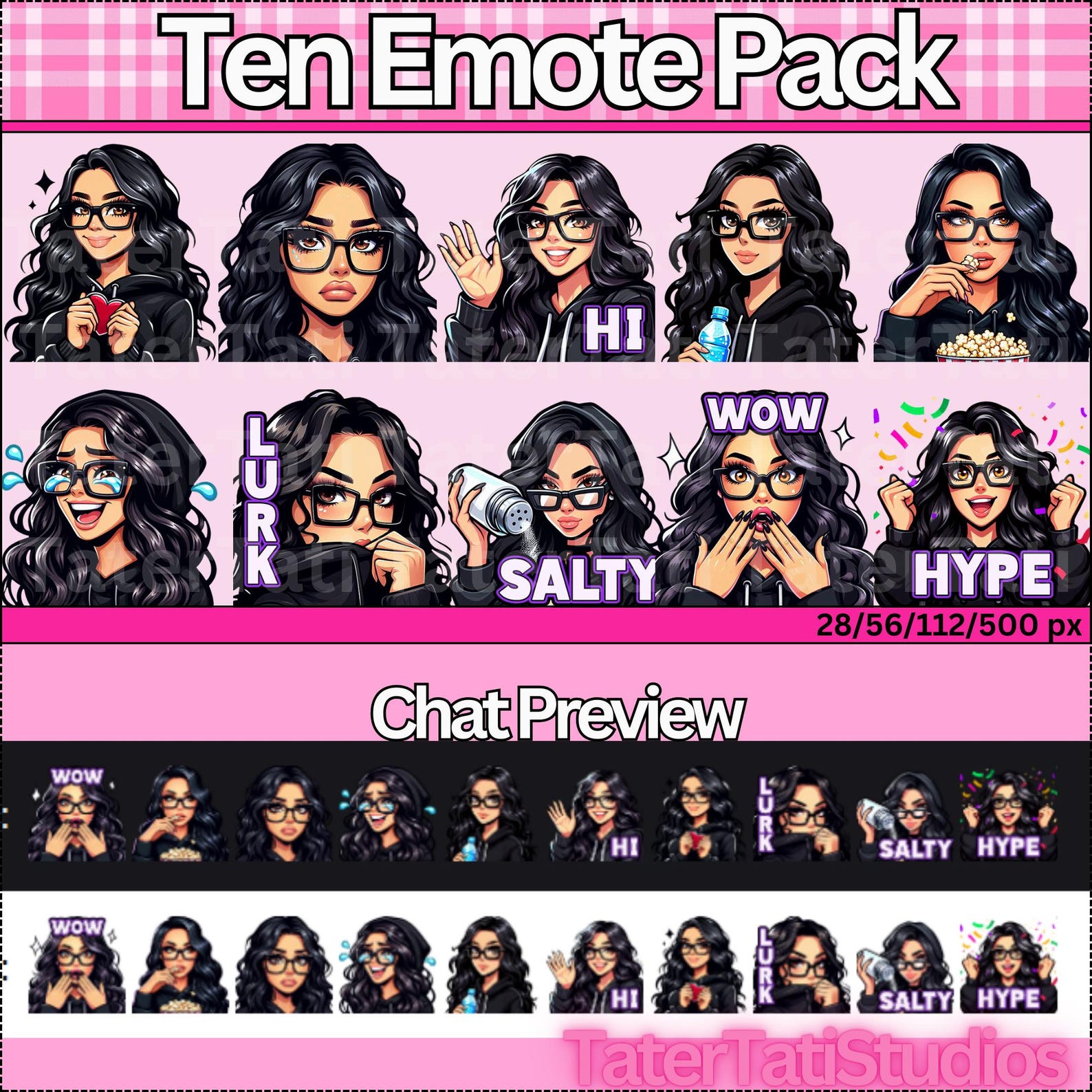 Twitch Emotes | 10 Emote Pack | Dark Hair | Wavy Hair | Glasses | Brown ...