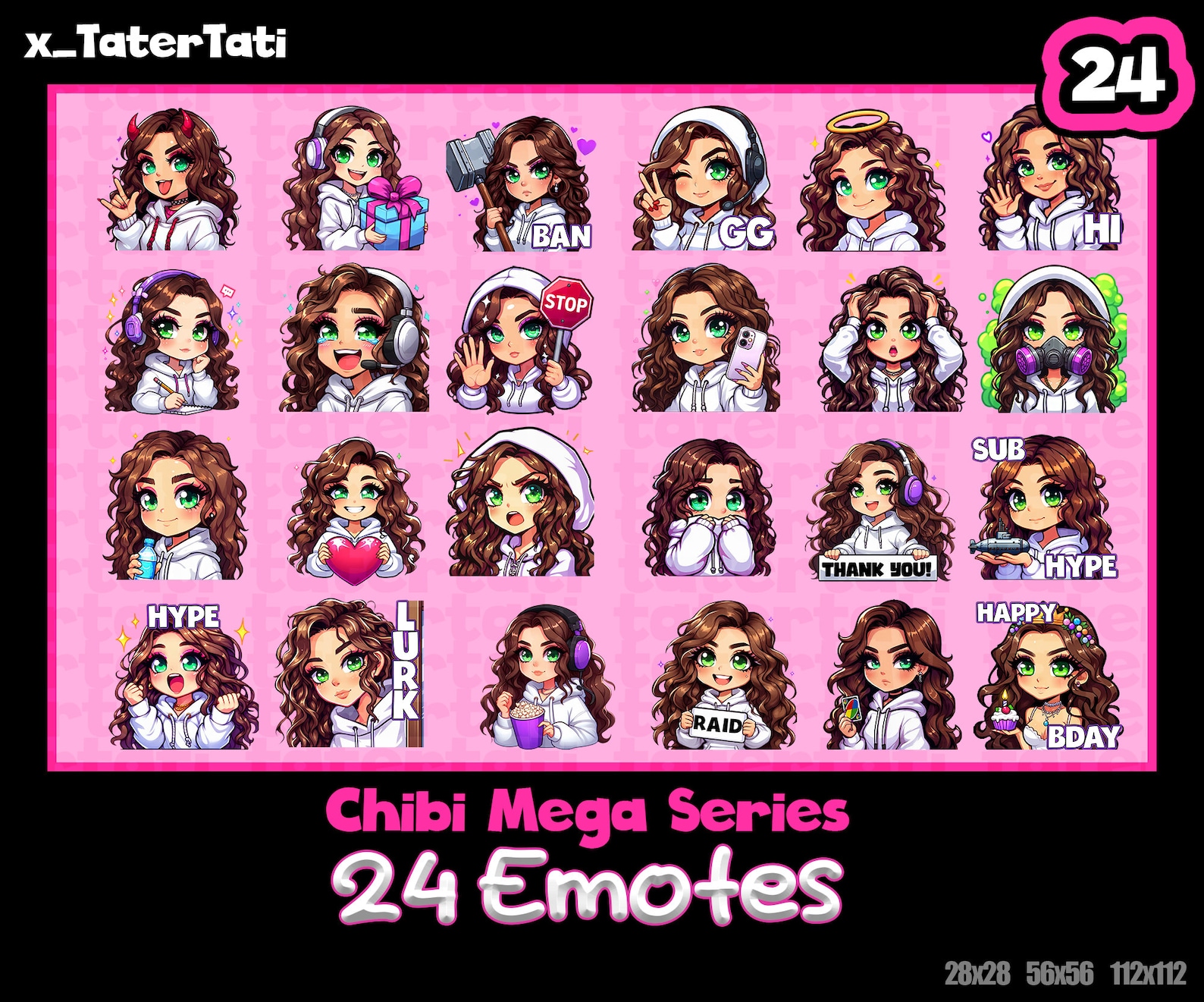 Mega Emote Pack | Chibi Emote | 24 Pack |green Eyes / Brown Wavy Hair ...