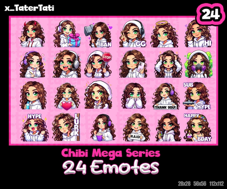 Mega Emote Pack | Chibi Emote | 24 Pack |green Eyes / Brown Wavy Hair ...