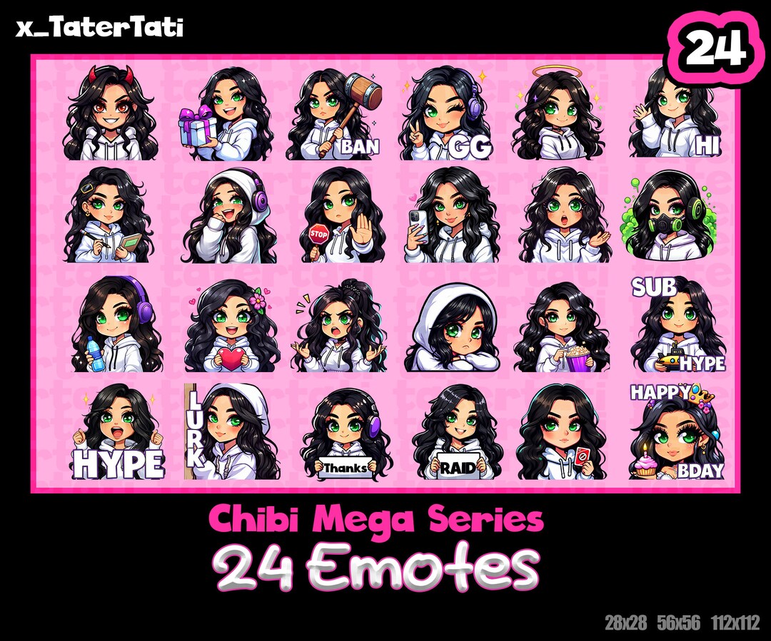 Mega Emote Pack | Chibi Emote | 24 Pack |green Eyes / Dark Wavy Hair ...