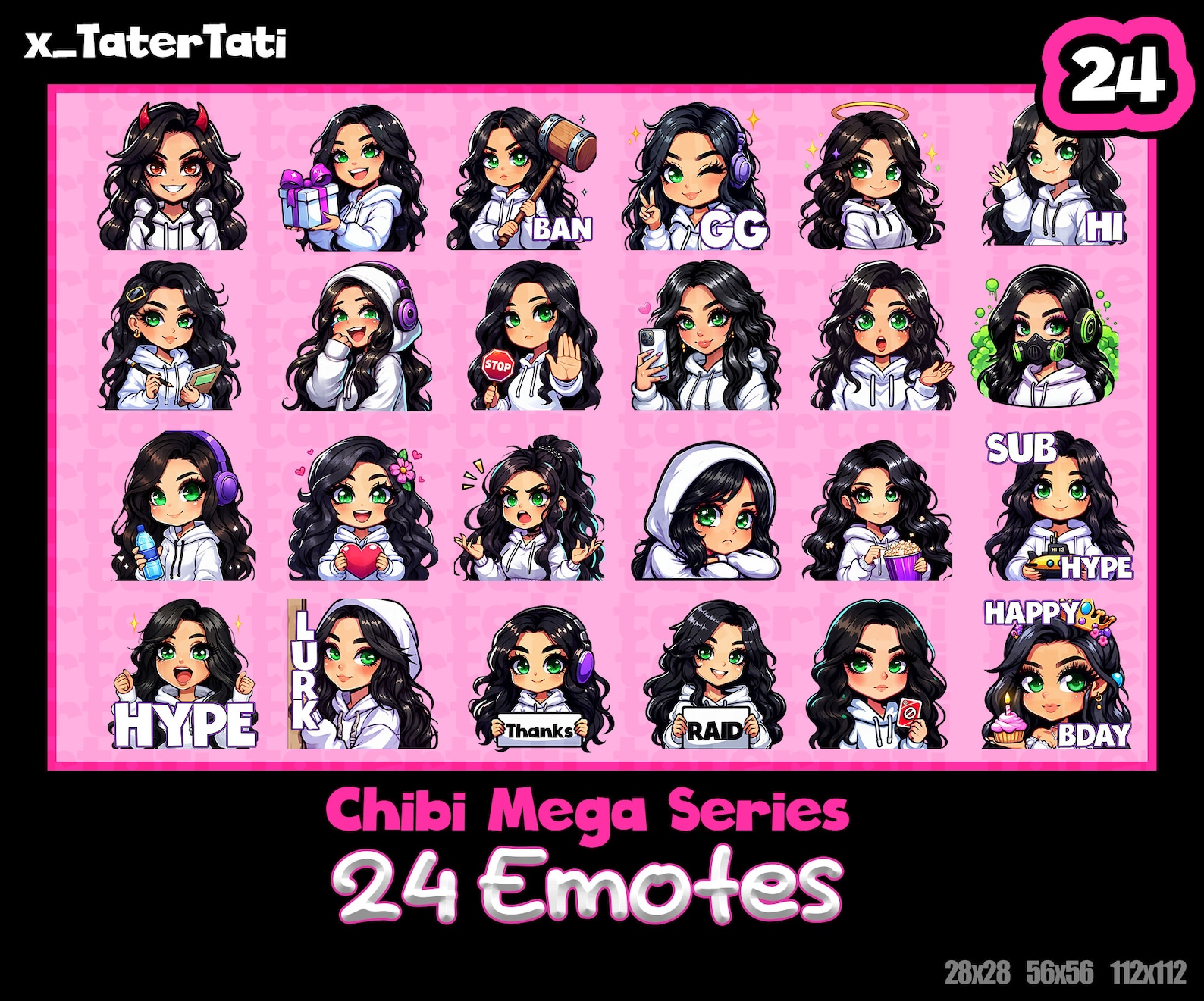 Mega Emote Pack | Chibi Emote | 24 Pack |green Eyes / Dark Wavy Hair ...