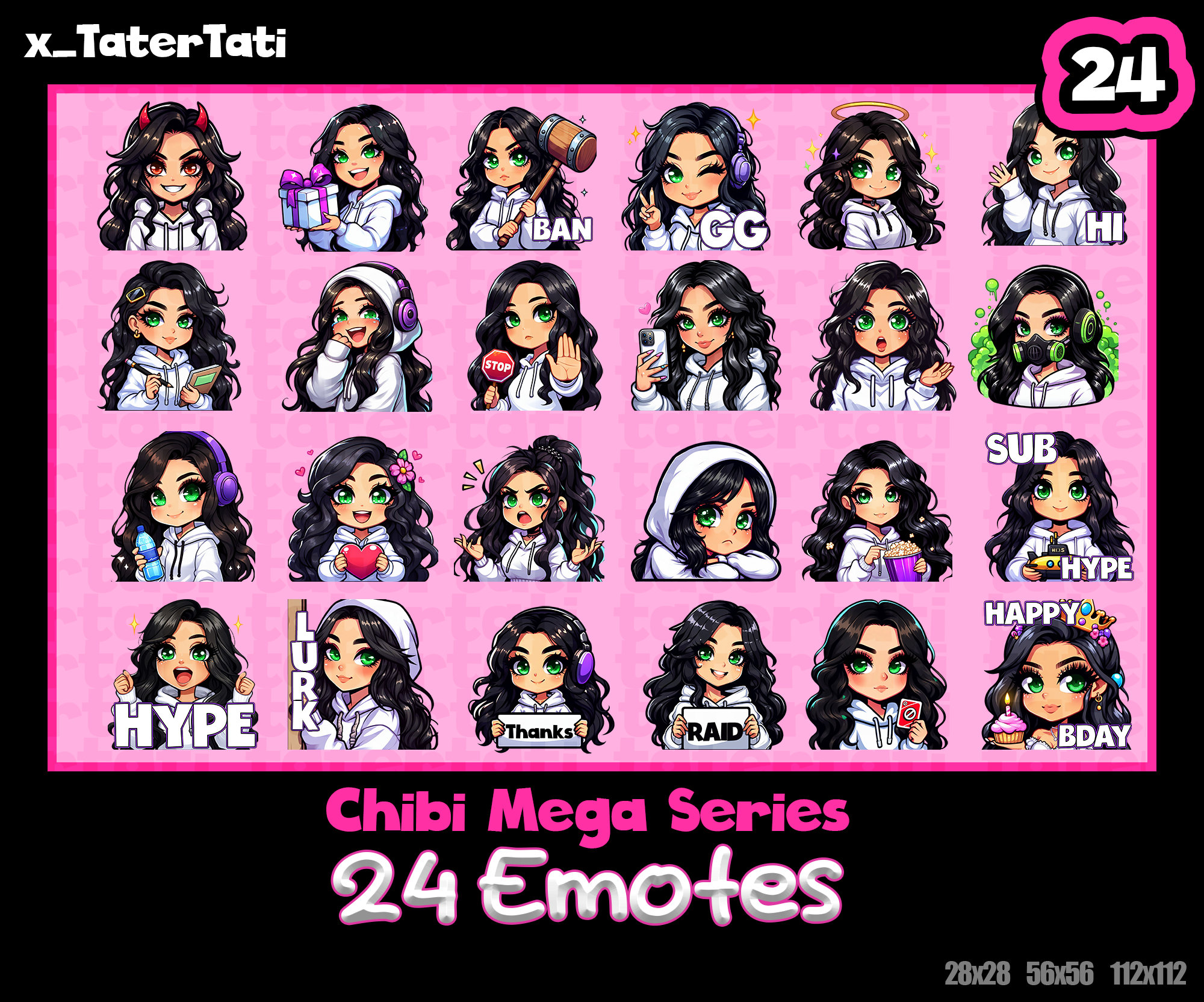 Mega Emote Pack | Chibi Emote | 24 Pack |green Eyes / Dark Wavy Hair ...
