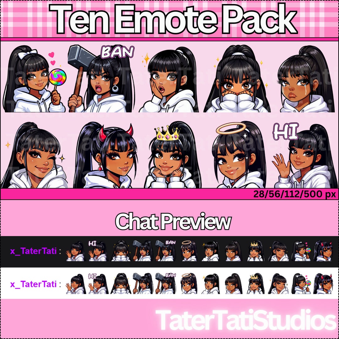 Cute Twitch Emotes | 10 Emote Pack | Dark Hair | Ponytail W/ Bangs ...