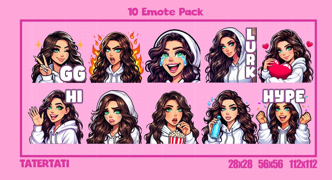 Twitch Emotes | 10 Emote Pack | Dark Brown Hair | Wavy Hair | Green ...
