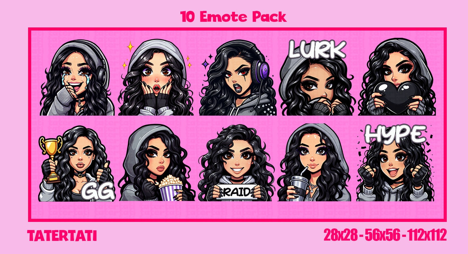Twitch Emotes | 10 Emote Pack | Dark Hair | Curly Hair | Brown Eyes ...