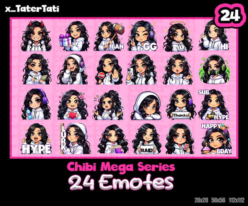 Mega Emote Pack | Chibi Emote | 24 Pack |brown Eyes / Dark Wavy Hair - Etsy
