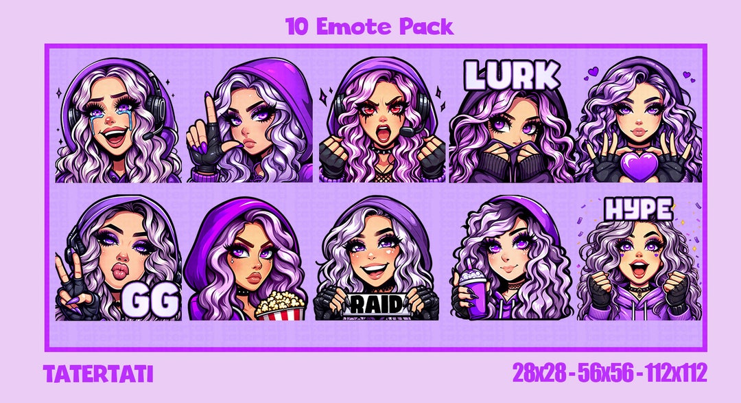 Twitch Emotes | 10 Emote Pack | Purple Hair - Etsy