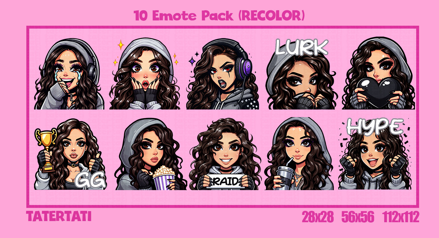 Twitch Emotes | 10 Emote Pack | Dark Brown Hair | Curly Hair | Brown ...