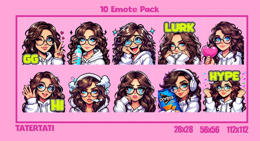 Twitch Emotes | 10 Emote Pack | Glasses | Brown Hair | Blue Eyes ...