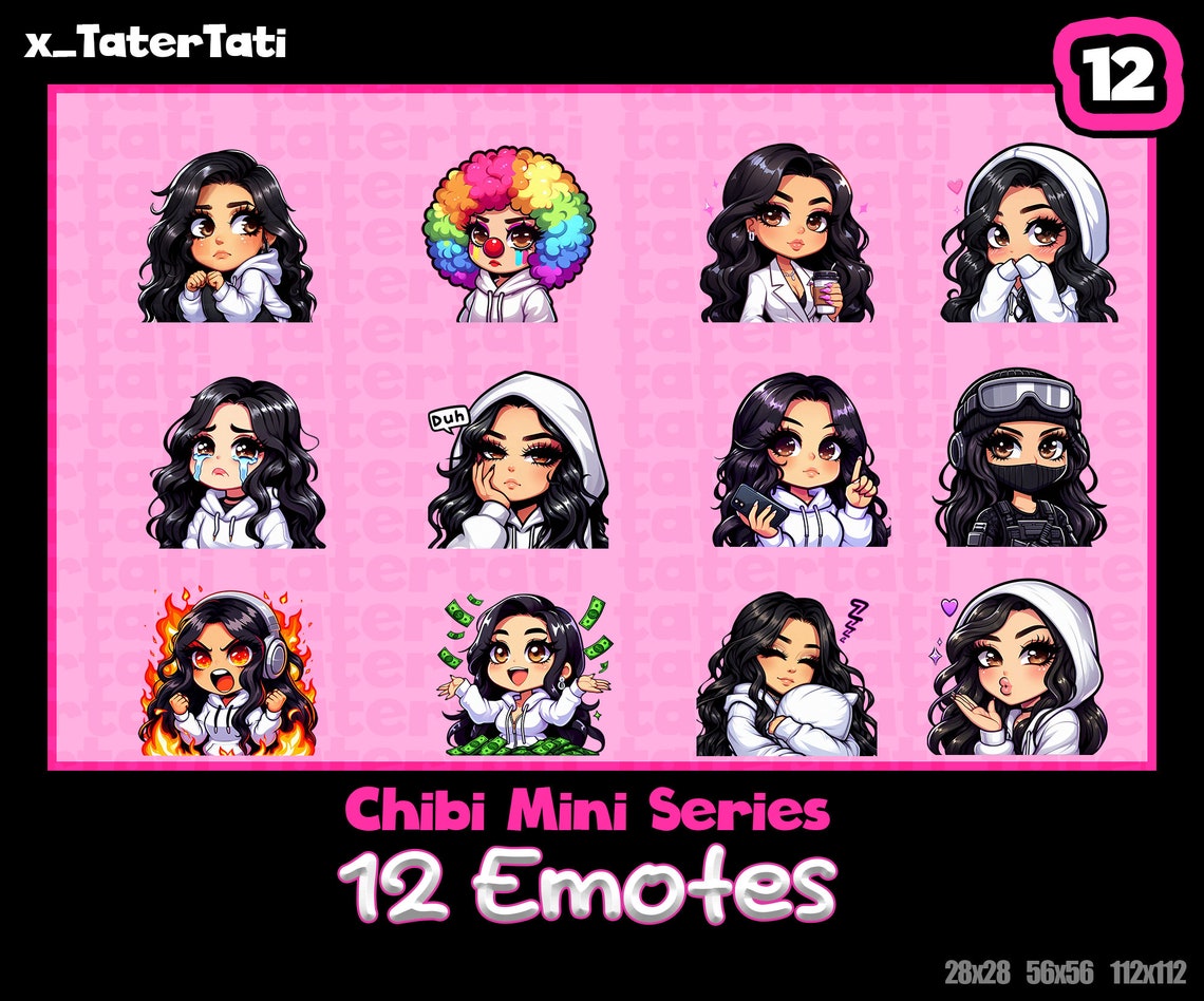 Mini Emote Pack | Chibi Emotes | 12 Pack| Brown Eyes + Dark Wavy Hair ...