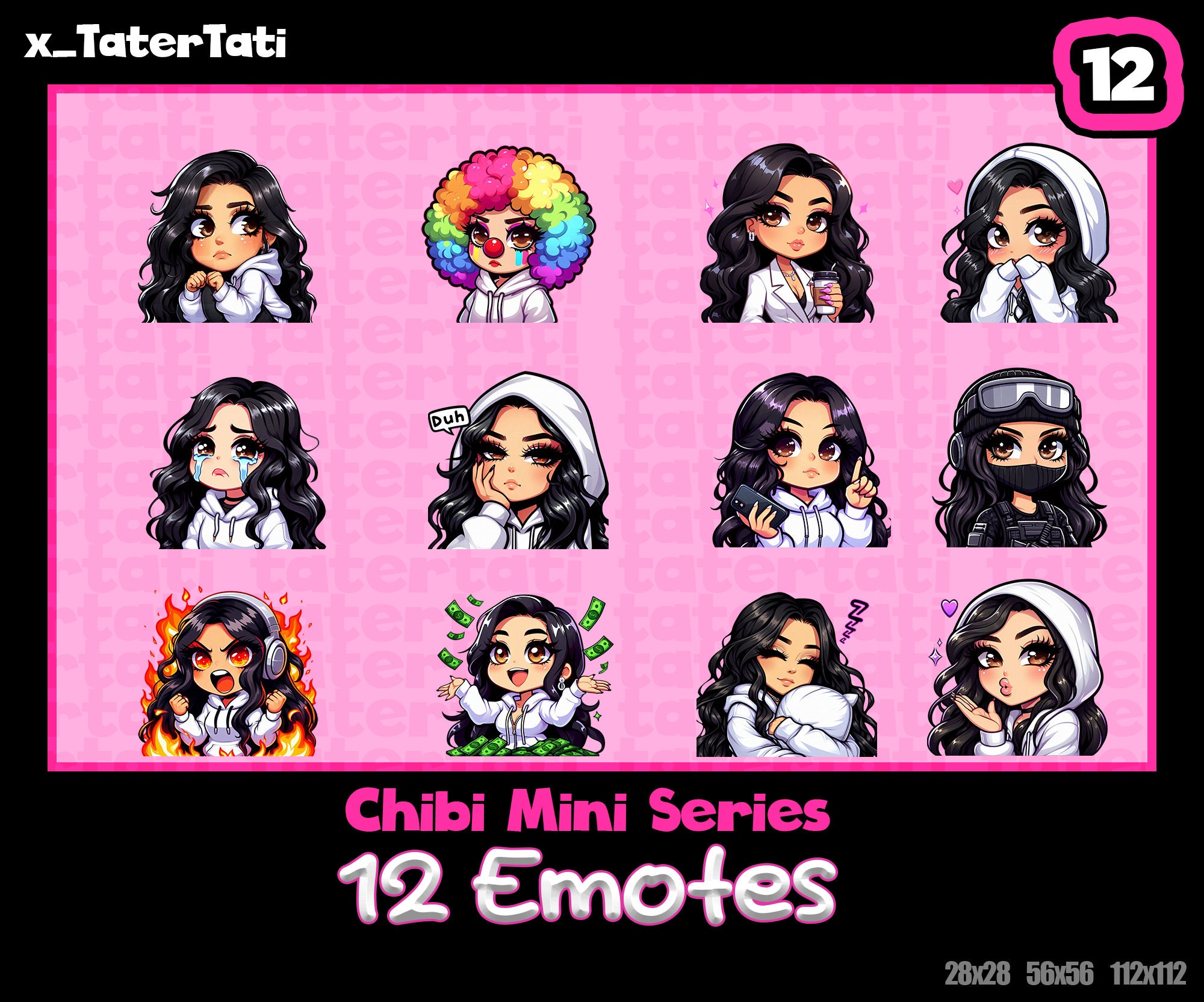Mini Emote Pack | Chibi Emotes | 12 Pack| Brown Eyes + Dark Wavy Hair ...