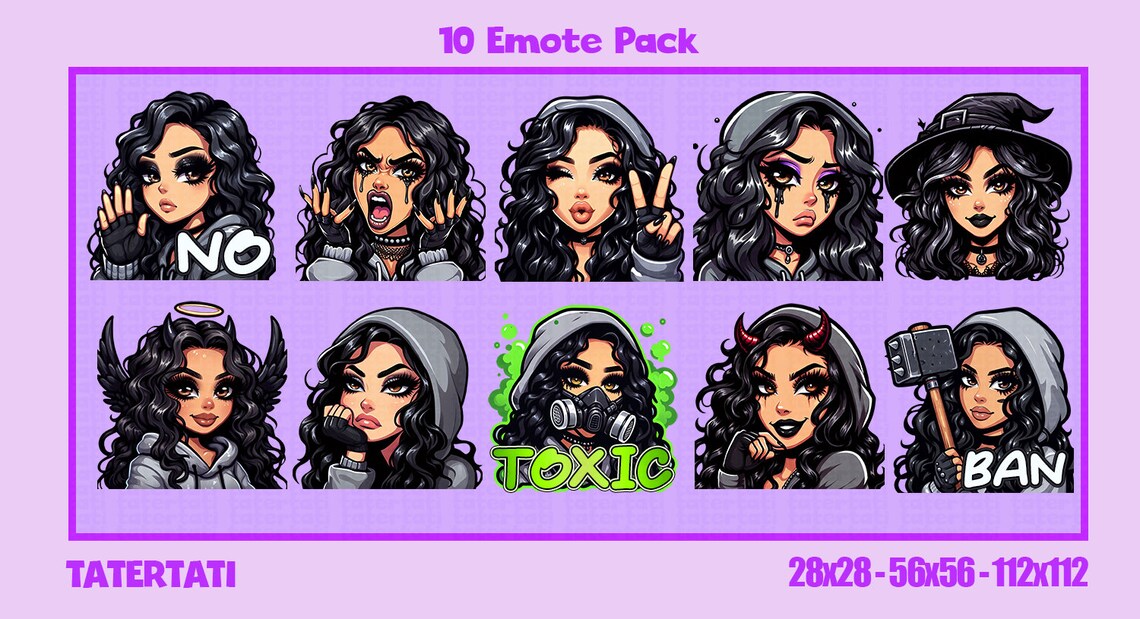 Twitch Emotes | 10 Emote Pack | Dark Hair | Curly Hair | Brown Eyes ...