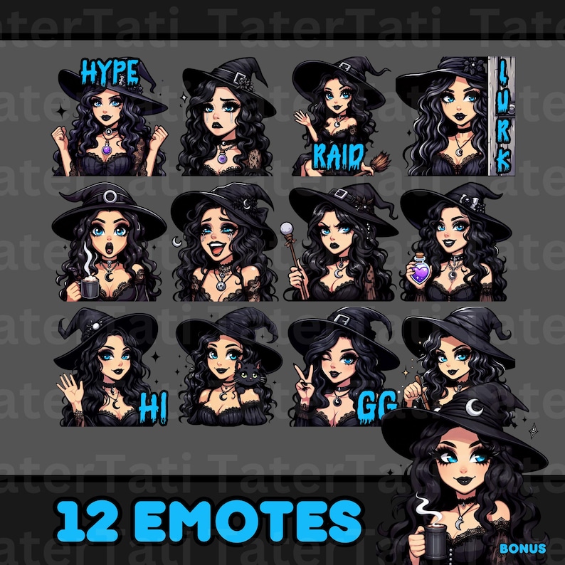 Witch Bae - Witch Emote Pack | Twitch Emotes | 13 Emotes | Blue/green Eyes (recolor) - Etsy