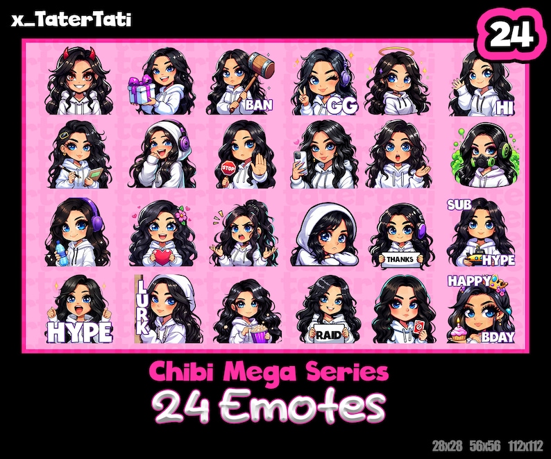 Mega Emote Pack | Chibi Emote | 24 Pack |blue Eyes / Dark Wavy Hair ...