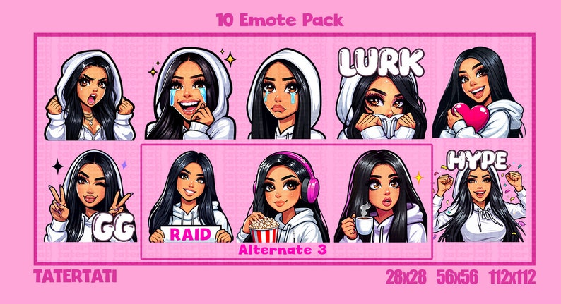 Twitch Emotes | 10 Emote Pack | Dark Hair | Straight Hair | Brown Eyes ...