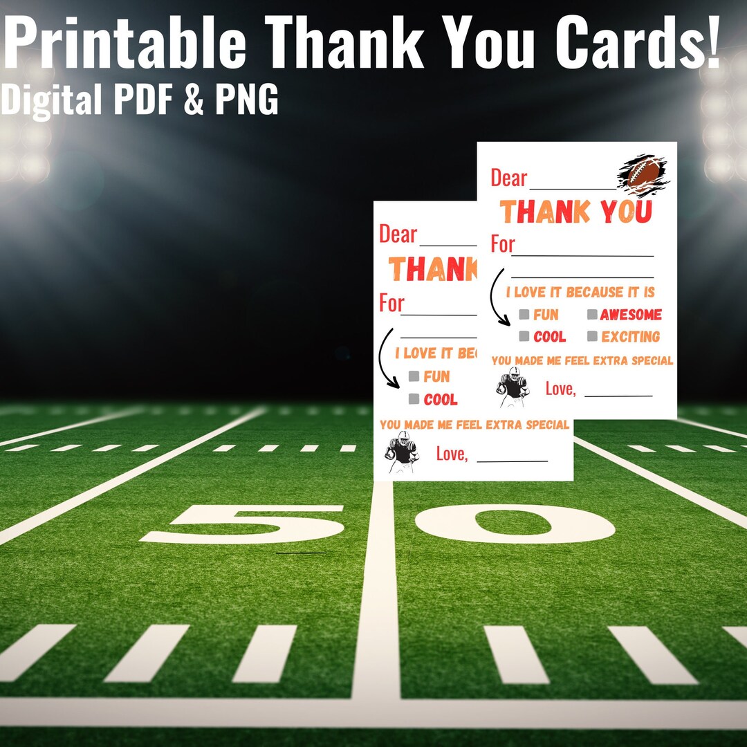 Printable Thank You, Digital Download, Football Theme, Kids Thank You ...