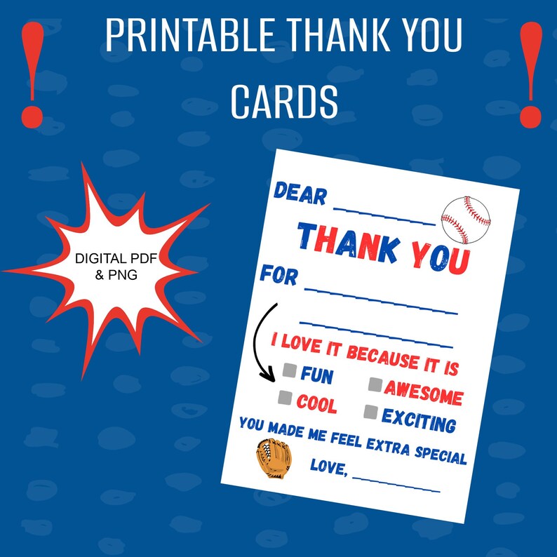 Printable Thank You Card, Baseball, Thank You, Kids Thank You Card ...