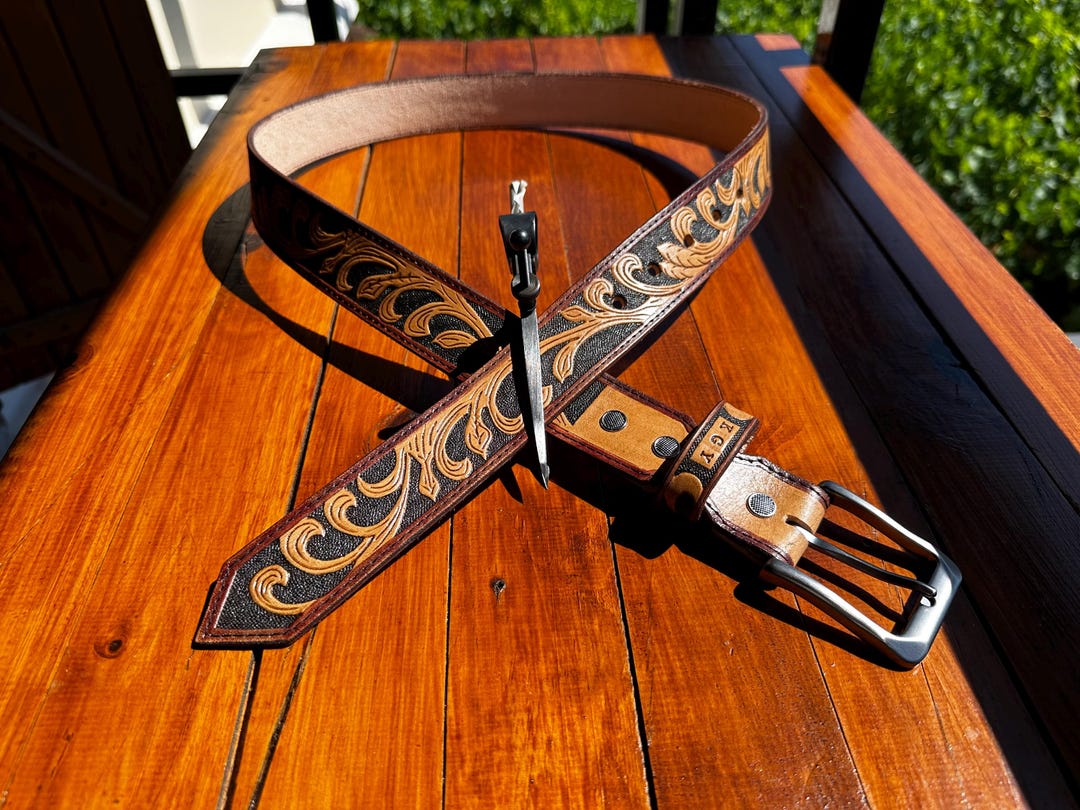 Personalized Hand Tooled Leather Western Belt: Full Grain Cowboy Style ...