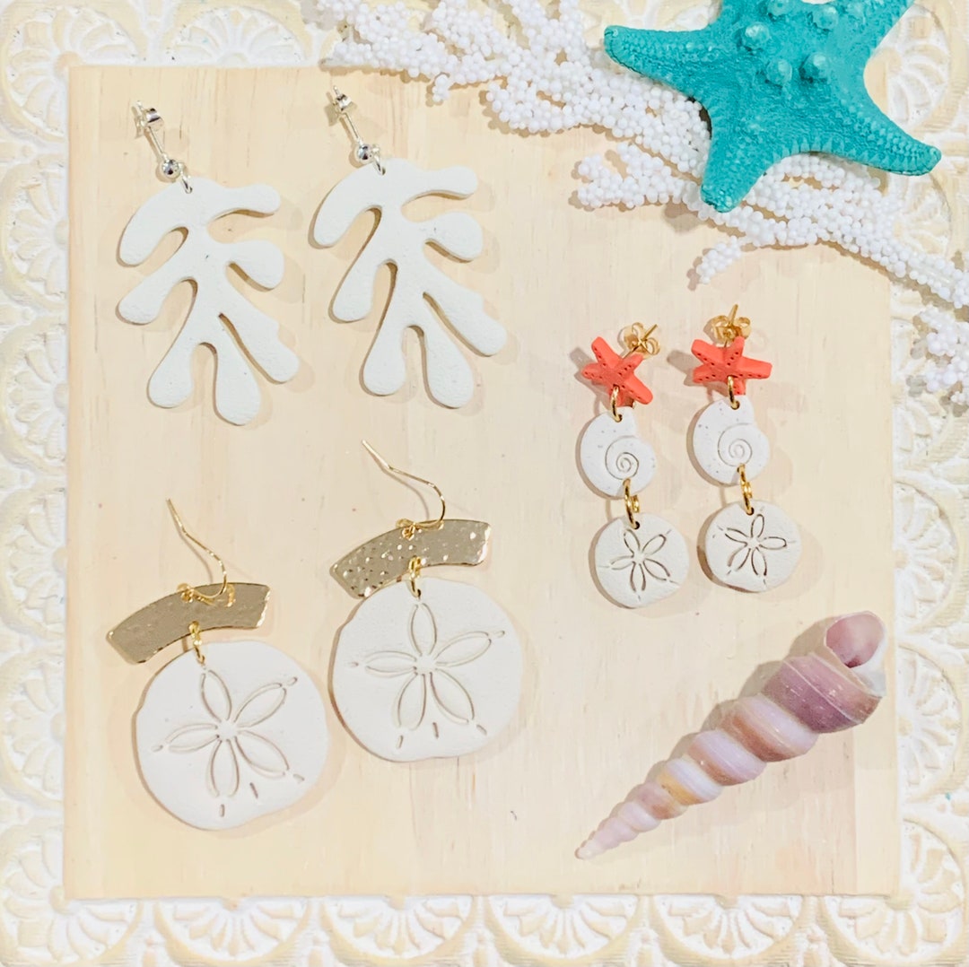 Beach Sand Dollar, Coral, Shell, Dangle Clay Earrings - Etsy