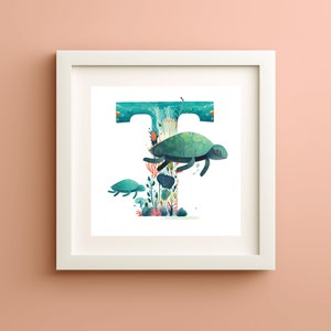 T Letter, Turtle, Poster, Colorful Vibrant Illustration, Wild Life Kids ...