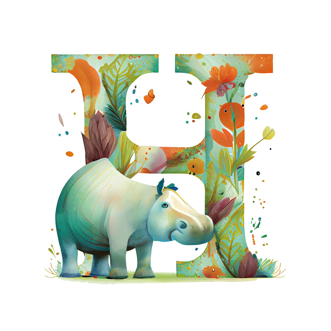H Letter, Hippopotamus, Poster, Colorful Vibrant Illustration, Wild ...