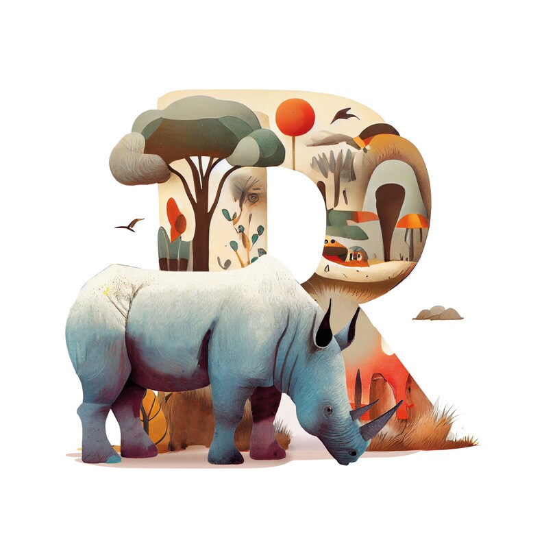 R Letter, Rhinoceros, Poster, Colorful Vibrant Illustration, Wild Life ...