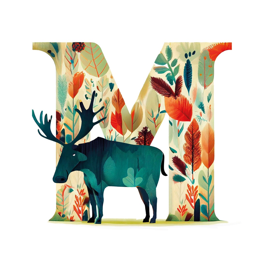 M Letter, Moose, Poster, Colorful Vibrant Illustration, Wild Life Kids ...