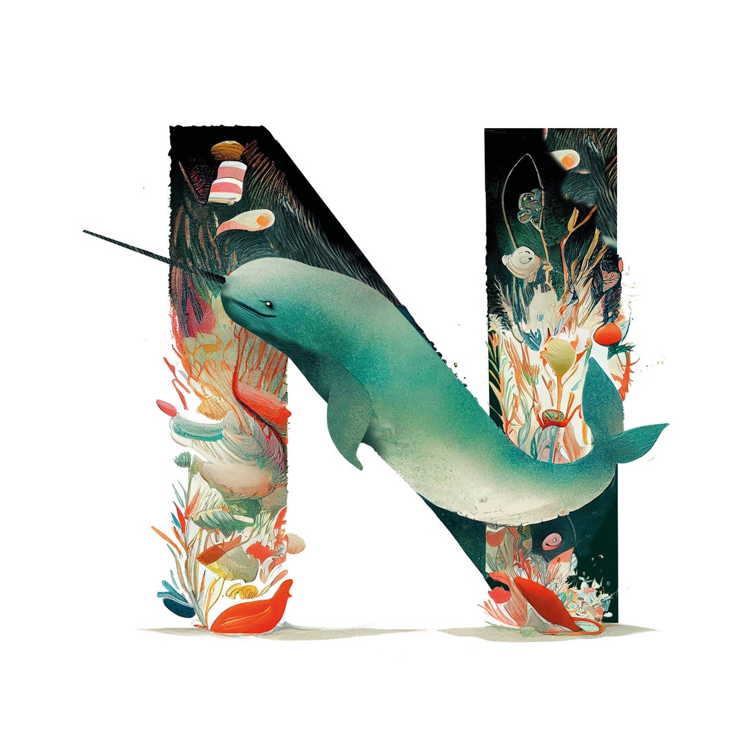 N Letter, Narwhal, Poster, Colorful Vibrant Illustration, Wild Life ...