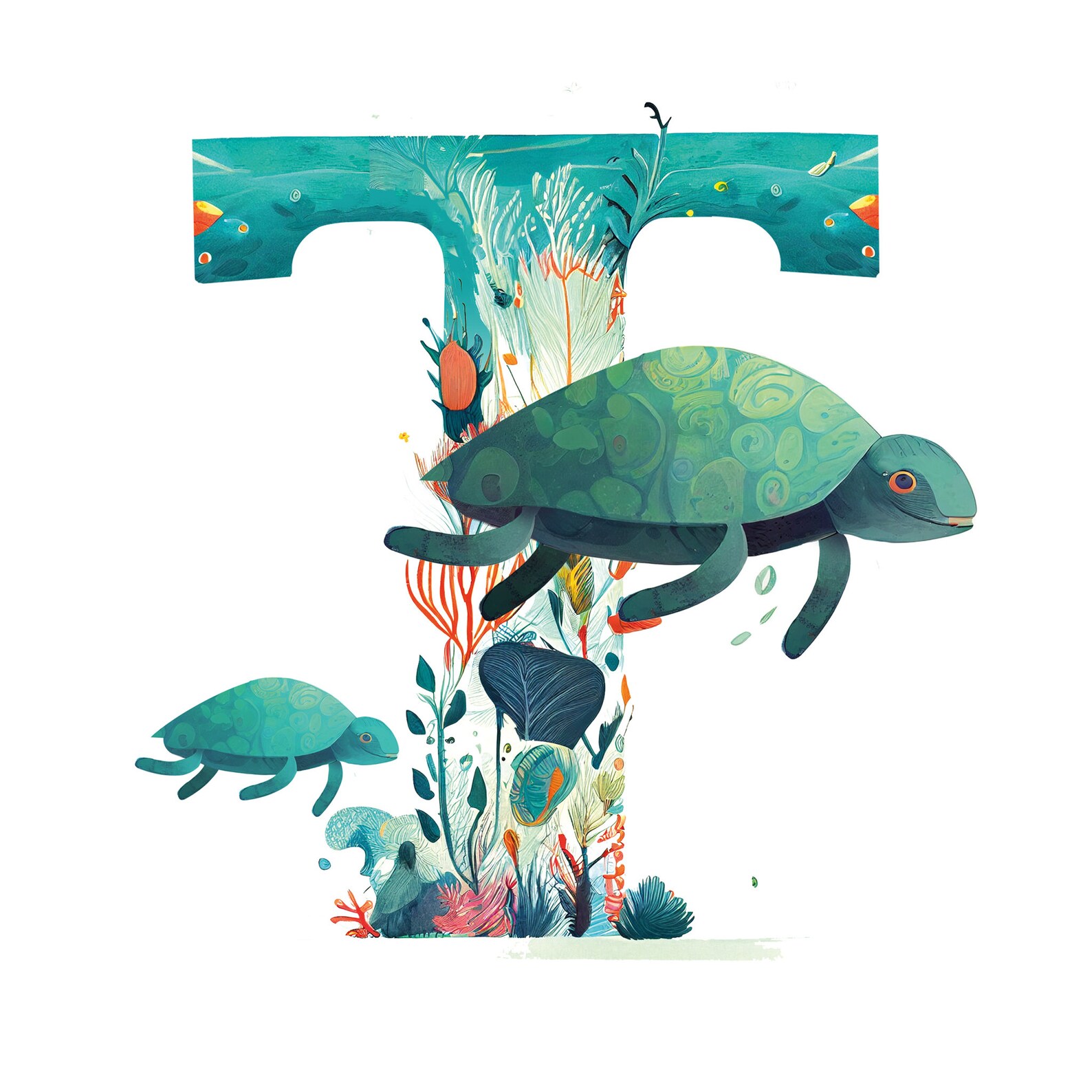 T Letter, Turtle, Poster, Colorful Vibrant Illustration, Wild Life Kids ...