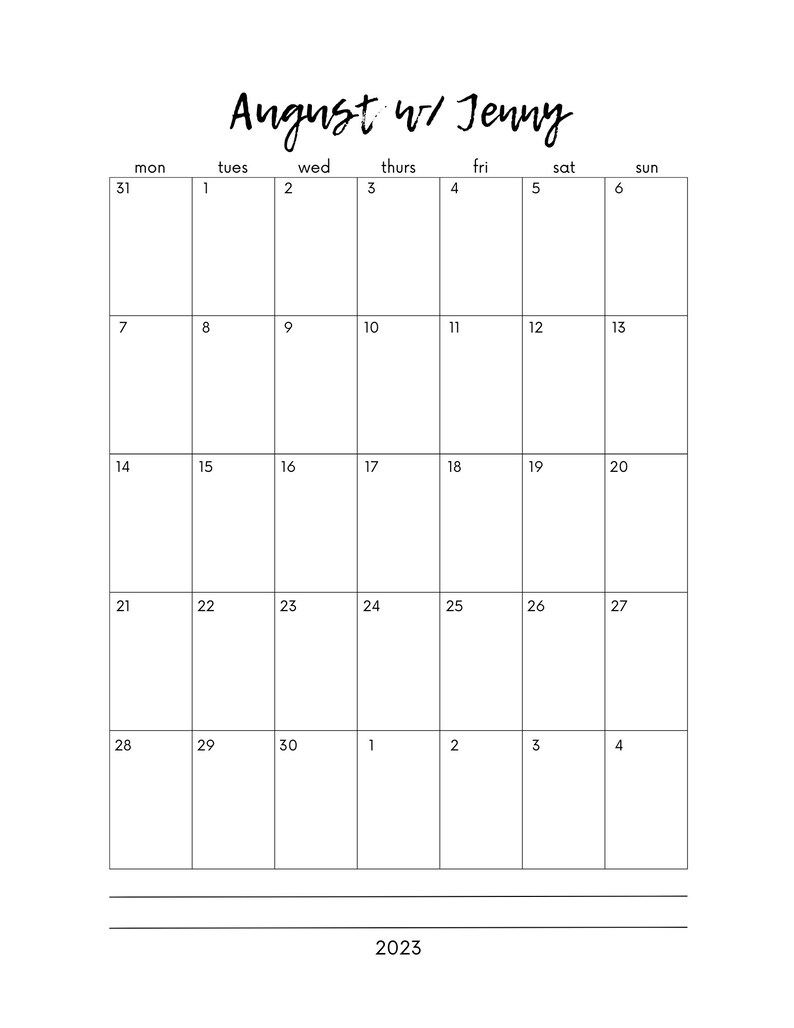 Jenny's August Calendar august 2023 A Printable PDF August Monthly ...