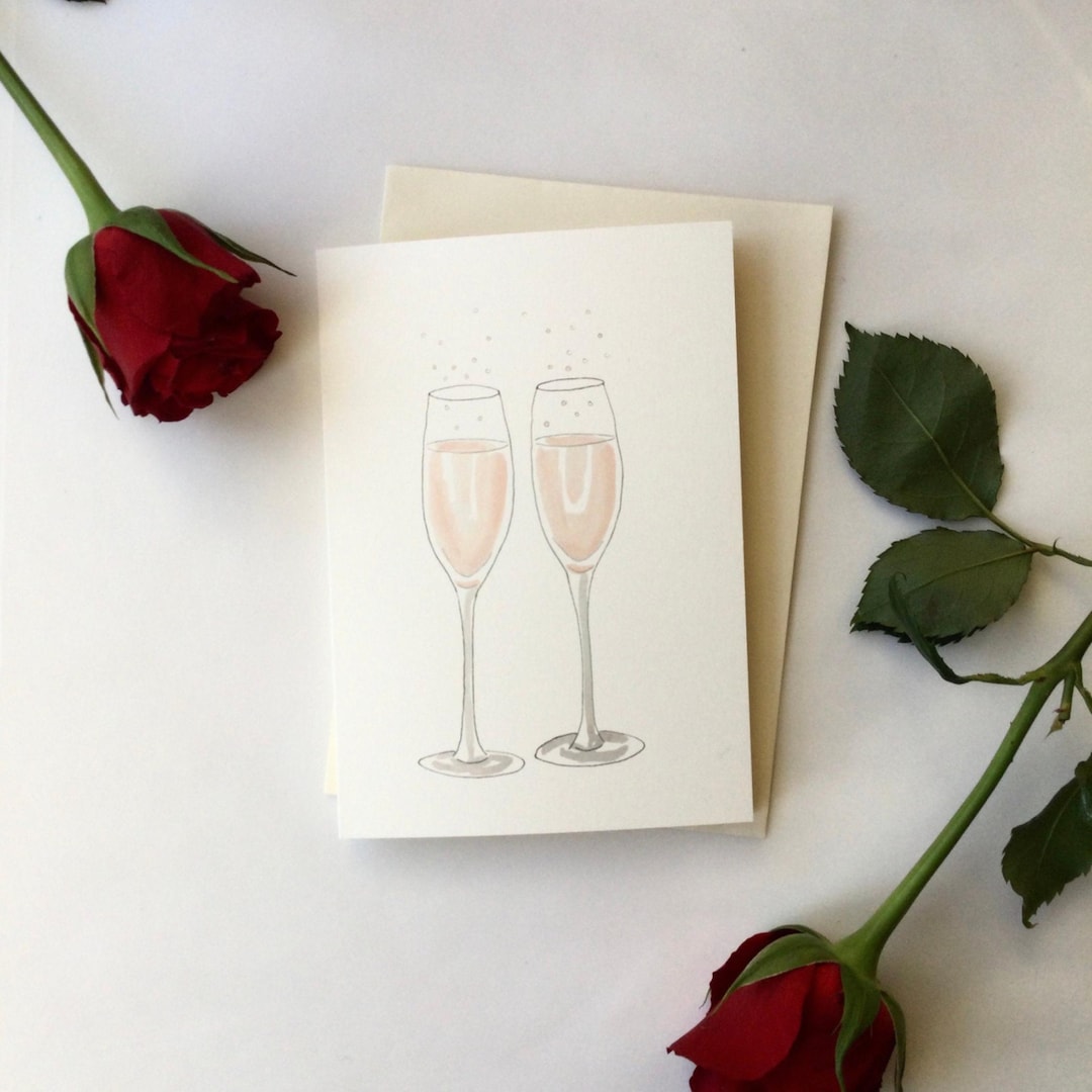 Pink Champagne Glasses Card, Valentine’s Day, Wedding Card, Engagement ...
