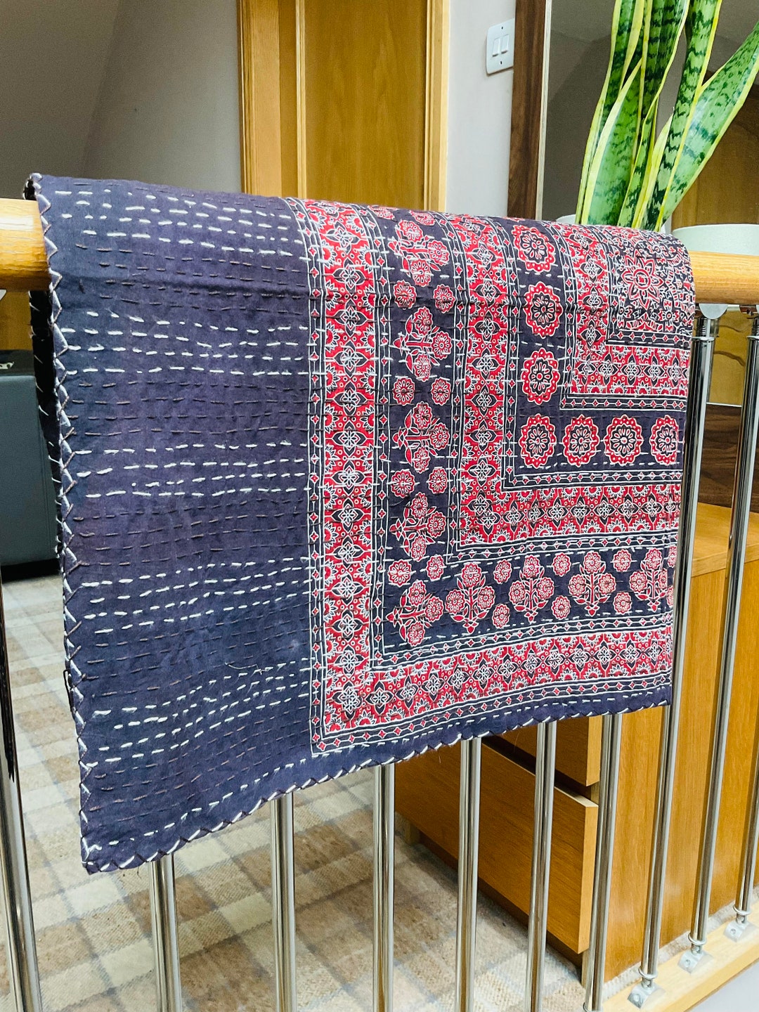 Vintage Indian Kantha Red and Blue Traditional Design Recycled Multi ...