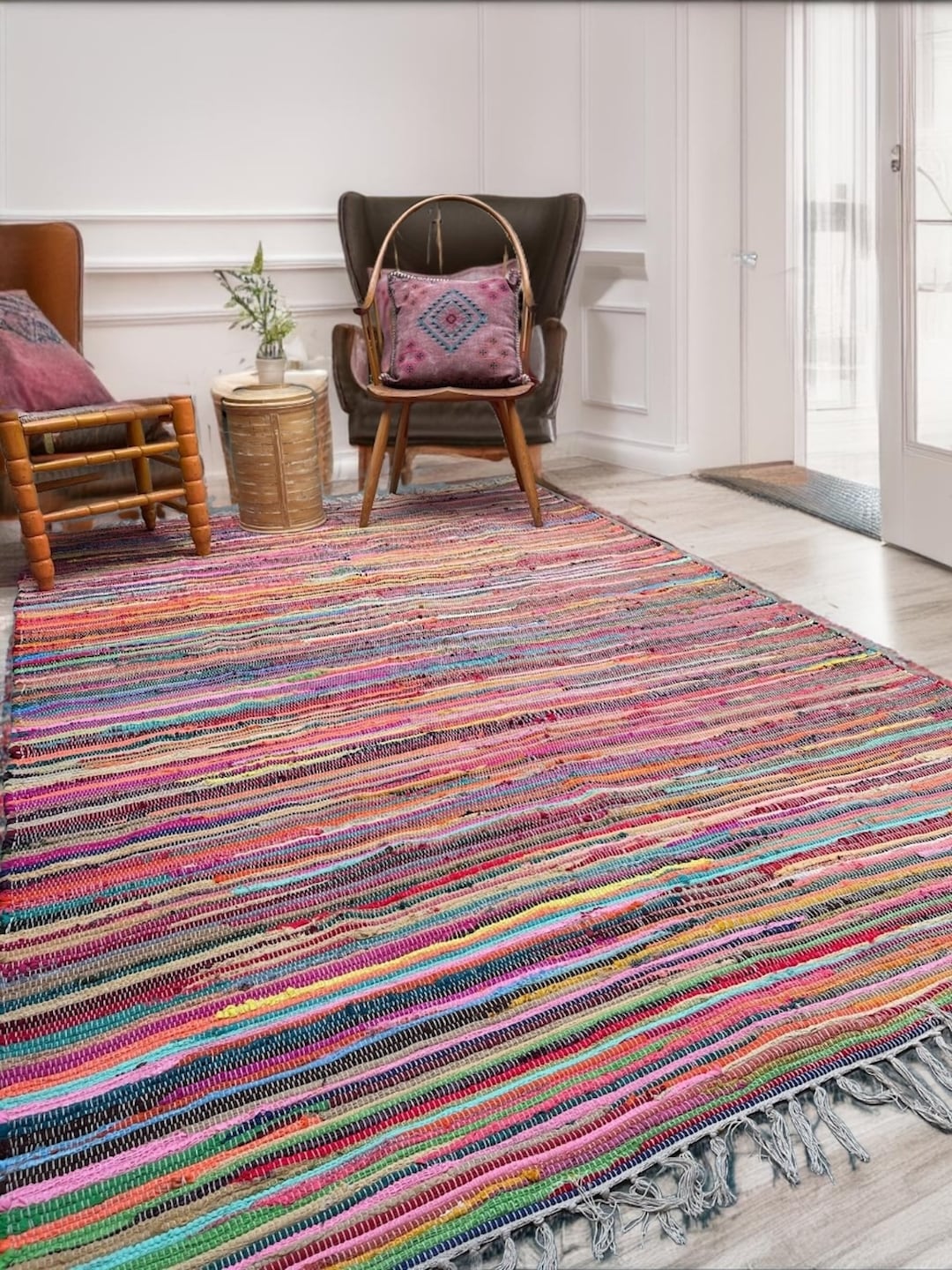 Handmade Multi Colour Rag Rug: Recycled Cotton Rainbow Fabric (180 Cm X ...