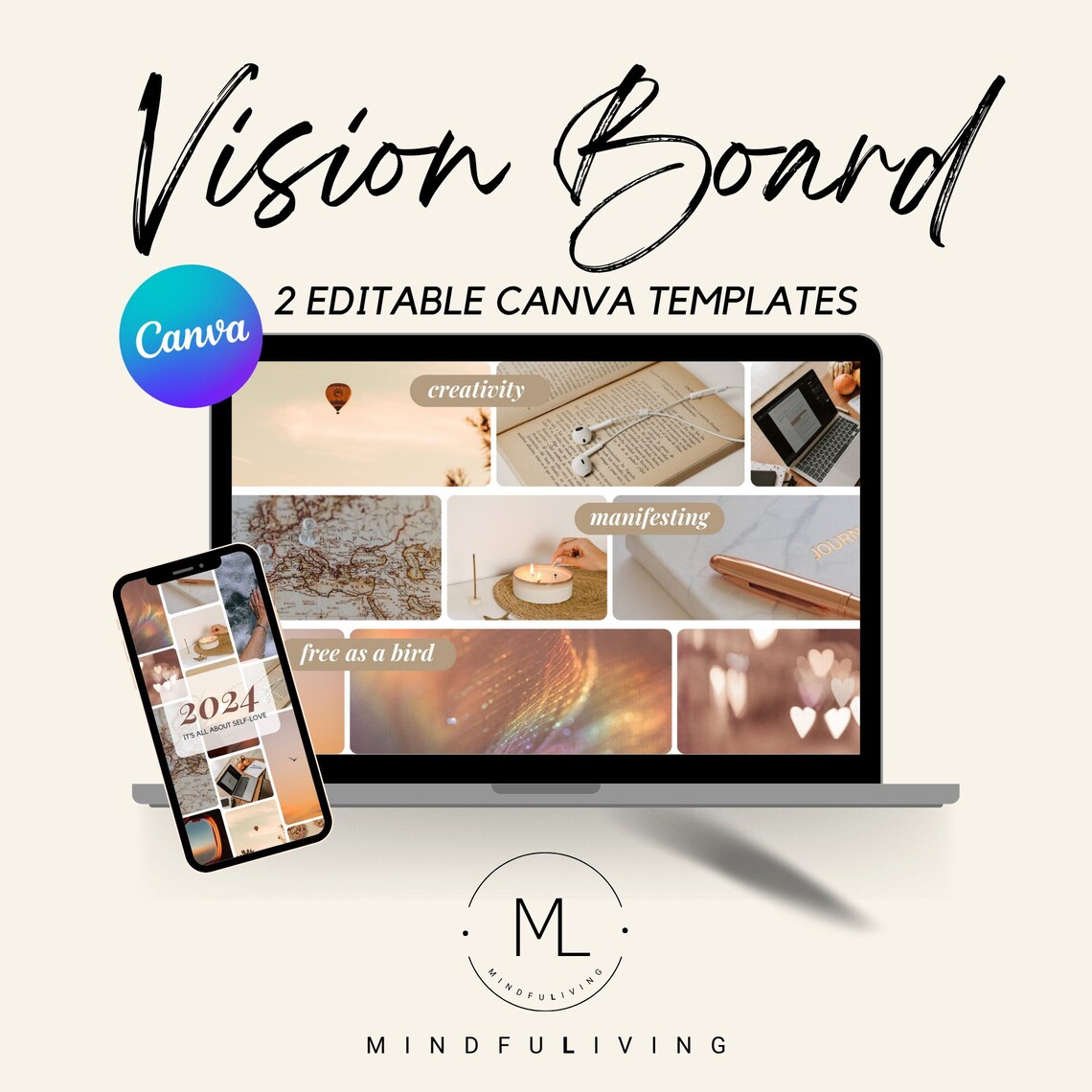 Digital Vision Board Template Canva Editable, Vision Board Printable ...